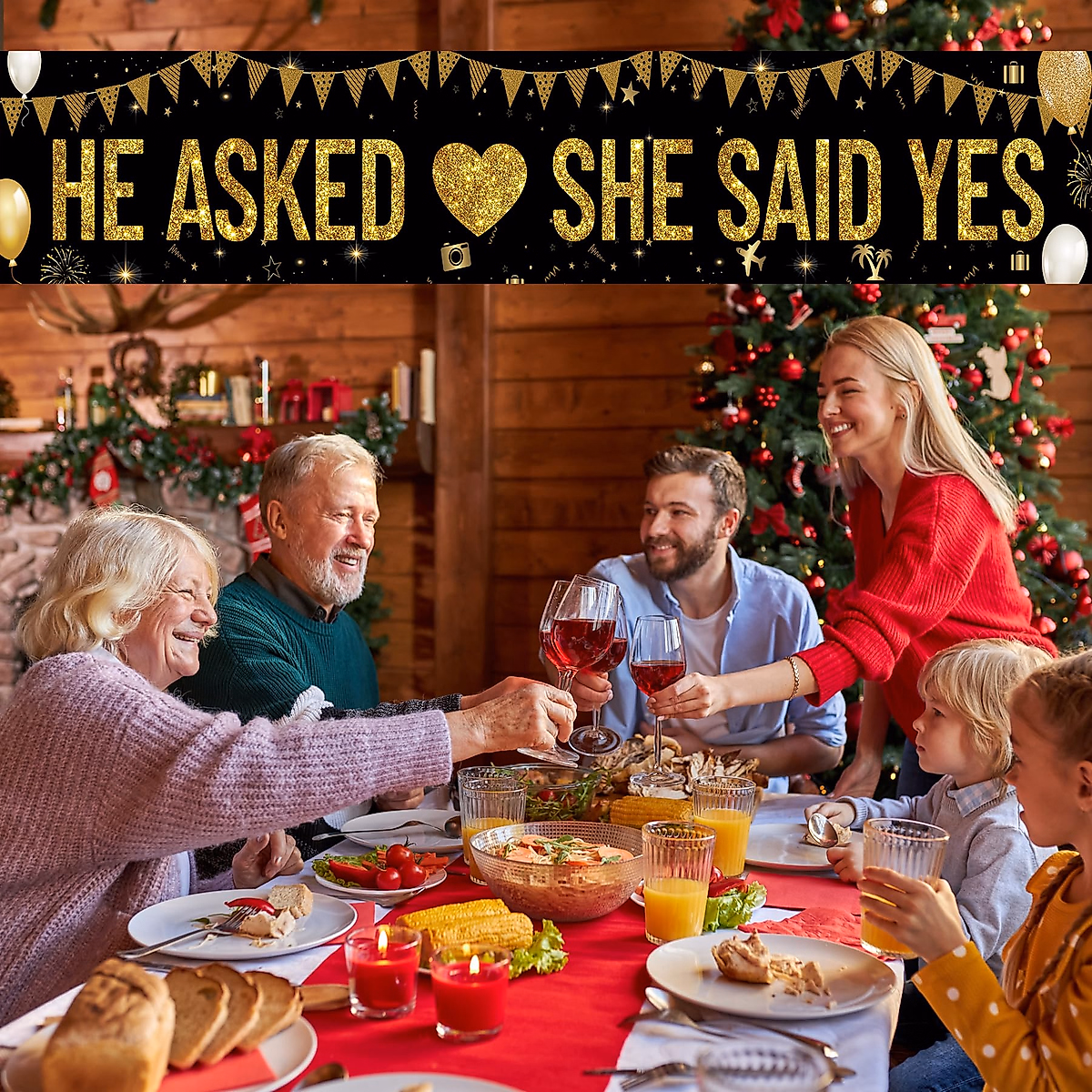 Engagement Party Decorations Black and Gold He Asked She Said Yes Decorations Sign Wedding Engagement Banner