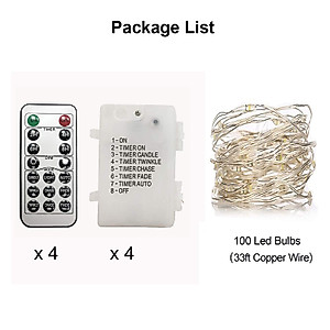 WSgift 4 Pack 33Ft 100 Cool White Led Fairy Lights Battery Operated with Remote Control Timer Waterproof Silver Copper Wire Twinkle Lights