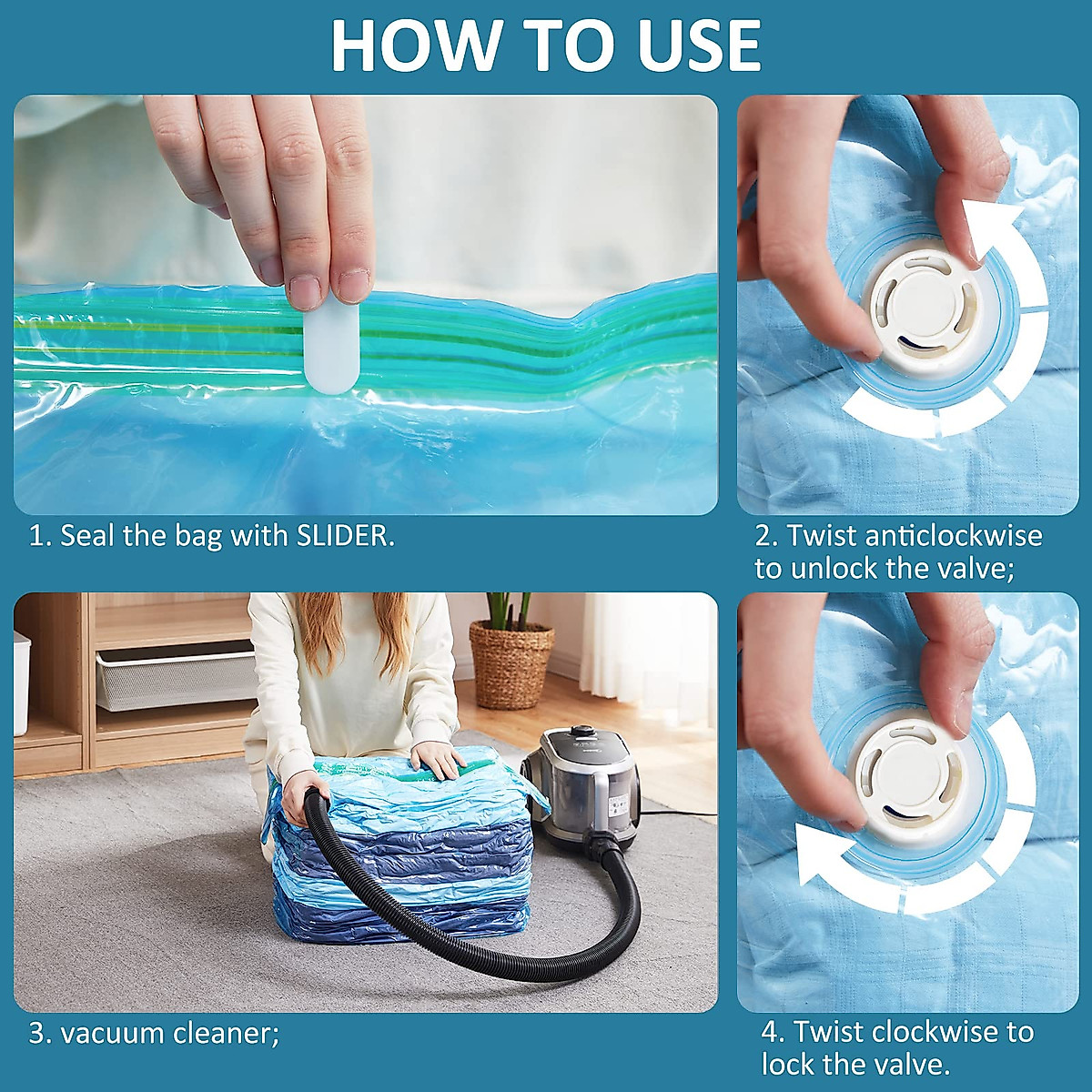 LEVERLOC Vacuum Storage Bags 4 Pack Blue Space Saver Bags, Jumbo Cube 31x40x15 inch, Large Vacuum Sealer Bags For Beddings Blankets Comforters Quilts Duvets Pillows, Closet Organizers and Storage