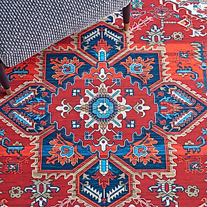 SAFAVIEH Tucson Collection Area Rug - 6'6" x 9', Red & Blue, Medallion Design, Non-Shedding Machine Washable & Slip Resistant Ideal for High Traffic Areas in Living Room, Bedroom (TSN101Q)