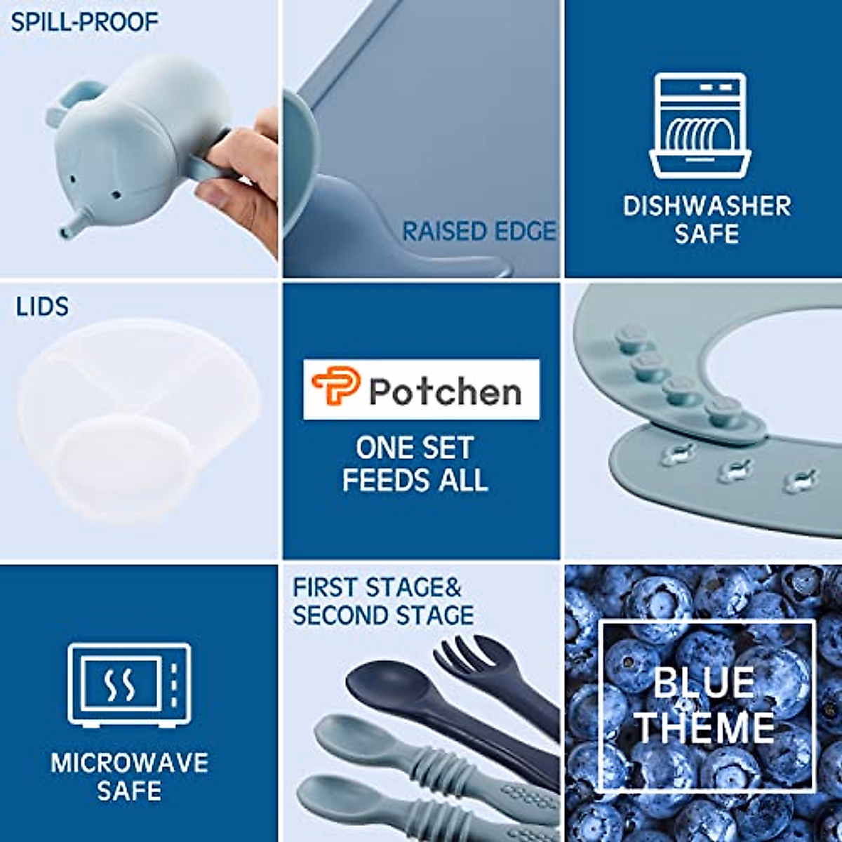 Potchen Baby Led Weaning Supplies Baby Feeding Set Toddlers Silicone Divided Suction Plate Suction Bowl, Adjustable Bib, First Stage Spoon Fork, Placemat, Straw Cup Infant Self Eating Utensil (Blue)