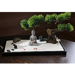 Japanese Tabletop Meditation Zen Garden Gift - Tabletop Rock Sand Meditating Garden Bridge Bamboo Rakes Bonsai Tree Plant Pagoda Accessories Tools Kits Office Home Desktop Relaxation Sandbox Decor