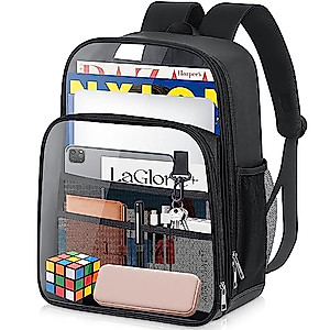 KETIEE Clear Backpack Heavy Duty, Stadium Approved Clear Bag Leather with Trolley Sleeve, Large Waterproof Transparent Backpack for Adults Work Travel Sports Concerts (Black)