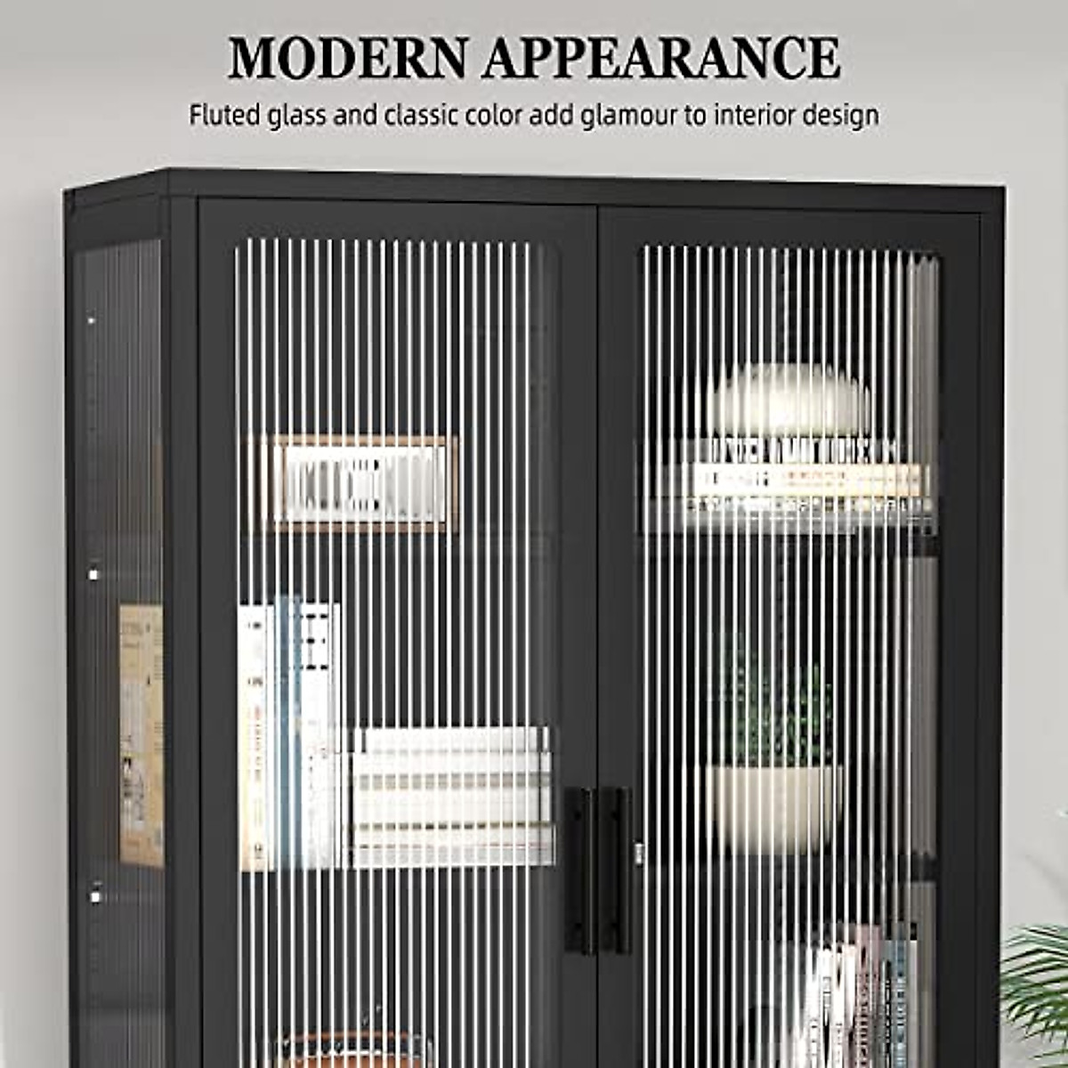 Prohonbec Double Fluted Glass Door Storage Cabinet with Adjustable Shelves, Tall Freestanding Display Sideboard Bookshelf Cupboard for Living Room, Kitchen, Office