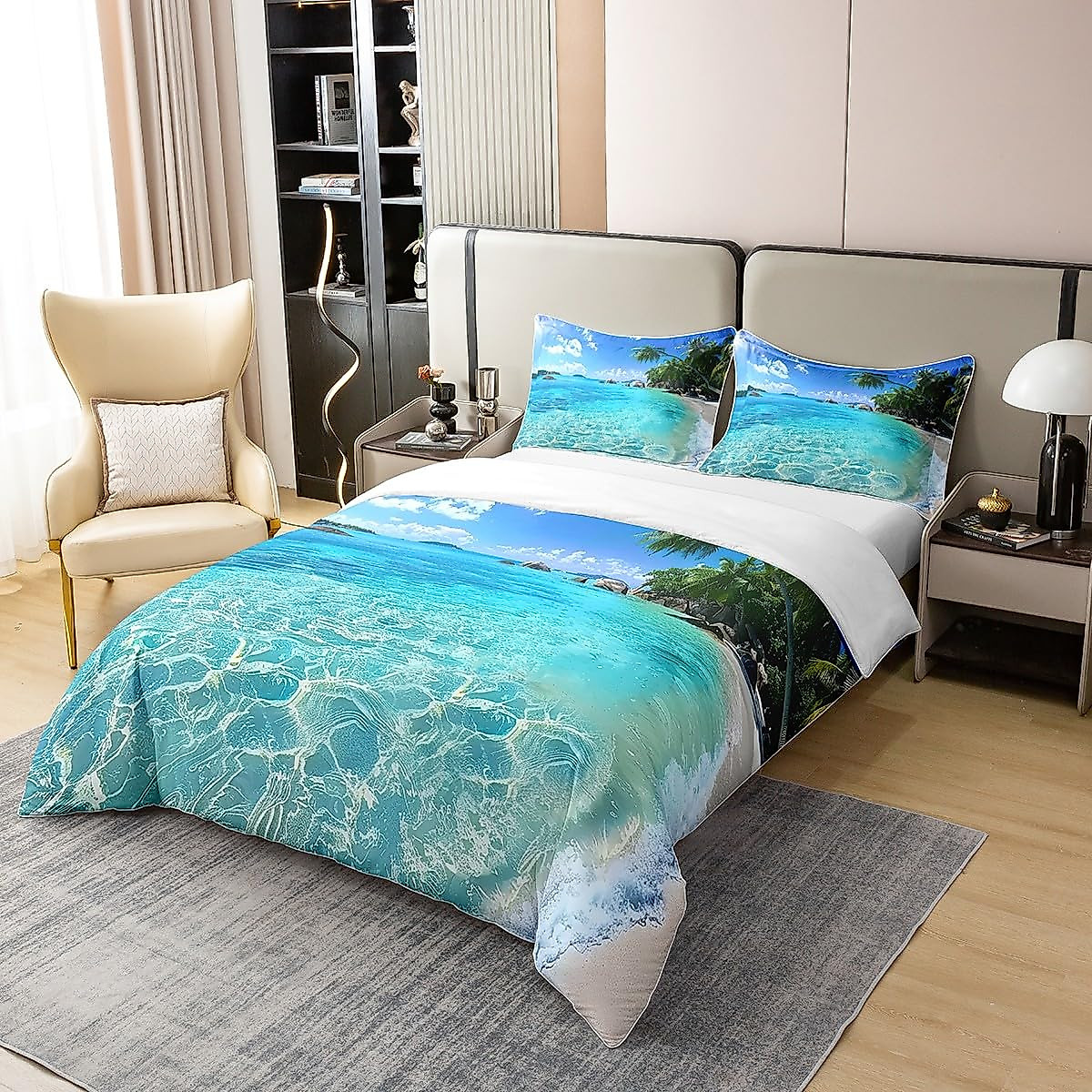 Ocean 100% Cotton Duvet Cover Queen, Palm Leaves Printd Comforter Cover, Summer Beach Decor Hawaiian Vacation Style Bedding Set, Green Palm Trees Tropical Nature Sea Theme Quilt Cover 3Pcs