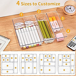 SMARTAKE 28-Piece Drawer Organizers with Non-Slip Silicone Pads, 4-Size Desk Drawer Organizer Trays Storage Tray for Makeup, Jewelries, Utensils in Bedroom Dresser, Office and Kitchen, Clear