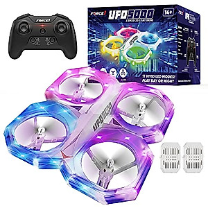 Force1 UFO 5000 Mini Drone for Kids - LED Remote Control Drone Flying Toy, Small RC Quadcopter for Beginners with Leds, 2.4 GHz Remote Control, 360 Flips, 11 LED Modes, 3 Speeds, 2 UFO Drone Batteries