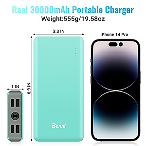 BONAI Portable Charger 30000mAh, External Battery Pack 2.8A 4-USB Output (Ultra High Capacity)(Flashlight)(Road Trip), Fast 4A Input Power Bank for iPhone iPad Samsung Galaxy and More - Mint
