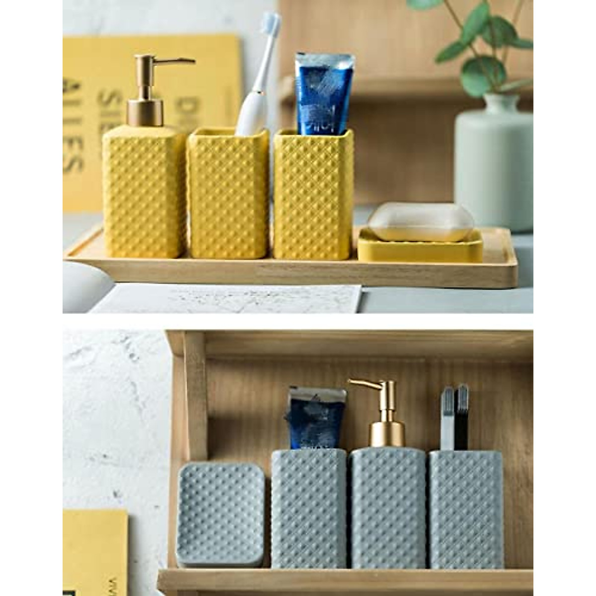 Bathroom Accessories Set Ceramic Soap Dispenser Toothbrush Holder Bathroom Tumbler Soap Dish Bathroom Decor Vibrant Modern Bathroom Set (Yellow 4-Piece Suit)