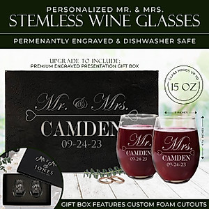 Mr and Mrs Wine Stemless Glasses - Personalized Engraved Wedding for Couples - Custom Monogrammed - Set of 2