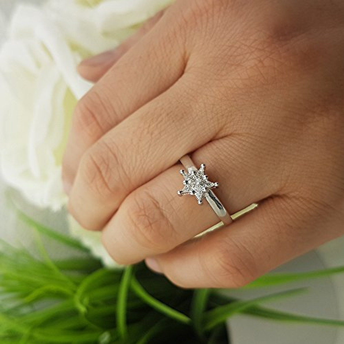 Dazzlingrock Collection 0.15 Carat (ctw) 14k Noble Cut Diamond Star Shaped 5 Stone Women Bridal Engagement Ring, White Gold, Size 7