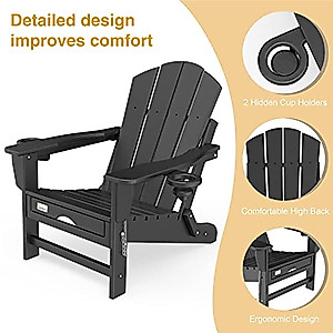 Mdeam Folding Adirondack Chair Lawn Outdoor Fire Pit Chairs Weather Resistant with 2 Cup Holder/Adirondack Retractable Ottoman（Black）