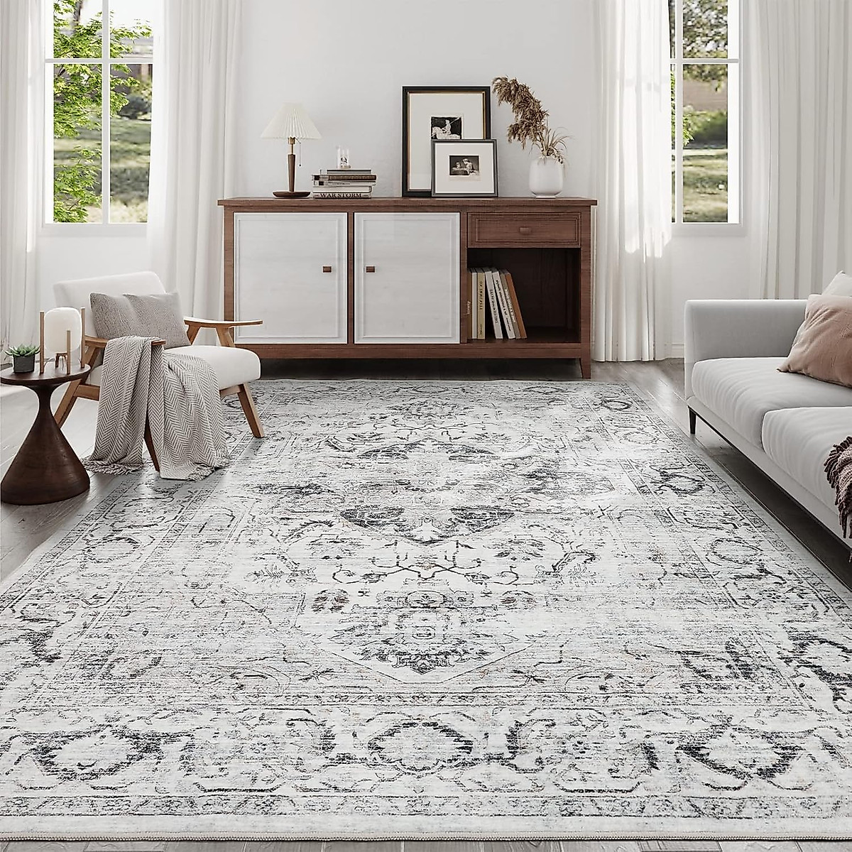 xilixili 8x10 Area Rugs for Living Room - Stain Resistant Anti-Slip Backing Washable Rug,Rugs for Bedroom,Dining Room,Vintage Printed Large Area Rug (Ivory/Gray,8'x10')