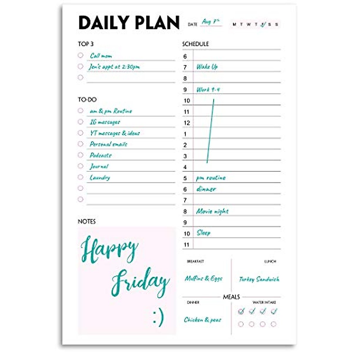 Daily Planner Notepad - A5 Calendar, Scheduler, Organizer with Priority, To Do List, Appointments, Notes, Meals and Water Intake Tracker, 50 Undated Tear-Off Sheets Planning Pad, 5.8"x8.25"