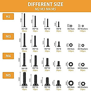 VIGRUE 1225PCS Metric M2 M3 M4 M5 Flat Hex Head Socket Cap Screws Black Zinc Plating Alloy Steel Small Bolts Nuts Washers Assortment Kit, Allen Socket Drive with 4Pcs Hex Wrenches