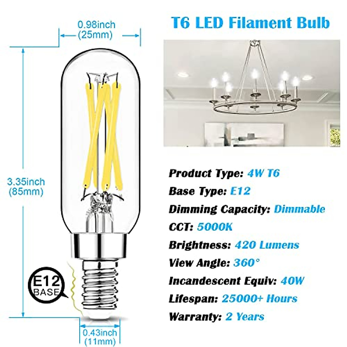 Mlambert Dimmable E12 LED Light Bulb, 40W Equivalent Candelabra Bulbs, 5000K Daylight White T6 4W T25 Filament Bulb for Chandeliers, Ceiling Fan, Pendant, Wall sconces, Pack of 5