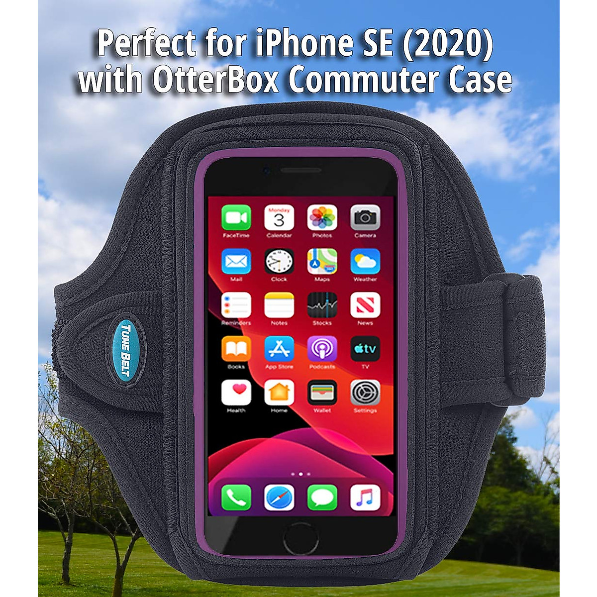 Tune Belt AB88 Cell Phone Running Armband Holder, Pocket Size fits OtterBox Commuter or Similar Case for iPhone 12/13 Mini, SE 2020 and iPhone X/XS, Water Resistant (Black)