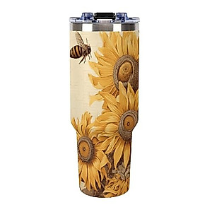 40 Oz Tumbler with Handle Bees And Sunflowers on Old Paper Stainless Steel Coffee Mug Reusable Travel Mug Leak-proof Insulated Car Cup Large Capacity Tumbler for Travel, Outdoor, Home Use (Black)