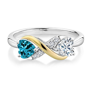 925 Silver and 10K Yellow Gold London Blue Topaz and Forever Classic Moissanite from Charles & Colvard Women Ring (1.09 Cttw, Heart Shape, Available in size 5, 6, 7, 8, 9)
