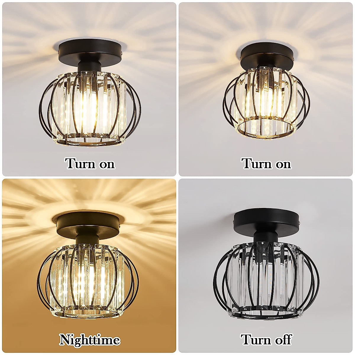 YYJLX 2 Pack Semi Flush Mount Ceiling Light Fixture Modern Small Crystal Chandelier Mini Indoor Ceiling Lamp for Bathroom Hallway Foyer Porch Hall Closet（Black）