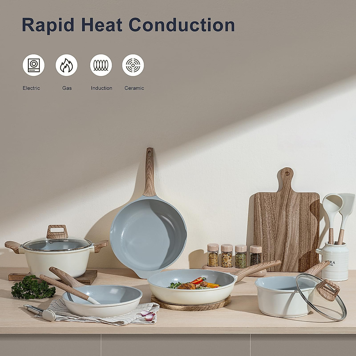 OROLEY Pots and Pans Set Nonstick,Ceramic Cookware Set Pots, Pans, Lids and Spatula Kits,Non Toxic, PTFE & PFOA Free - Compatible with All Stovetops (Gas, Electric & Induction) (Cream)