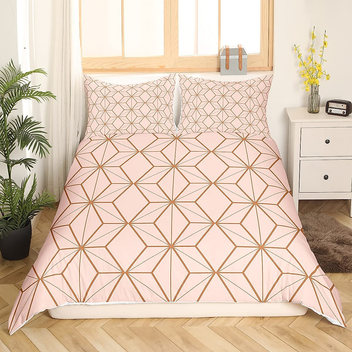 Geometric Bedding Duvet Cover Set Kids Geometry Bedding Set Modern Abstract Art Comforter Cover Set for Boys Room Decor Lightweight Golden Pink Bedspread Cover Full Size with 2 Pillow Case