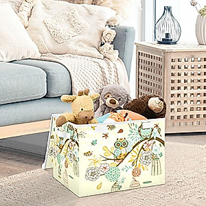 innewgogo Owl Autumn Floral Storage Bins with Lids for Organizing Foldable Storage Box With Lid with Handles Oxford Cloth Storage Cube Box for Pets Toys