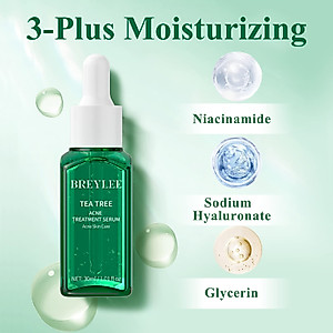Tea Tree Oil Acne Serum, BREYLEE 2.0 Treatment Acne-Prone Sensitive Skin Care Face Serum to Cystic Acne Scars, Redness Relief, Pimples Dark Spots Remove, Niacinamide Facial Moisturizer,30ml/1.01fl oz