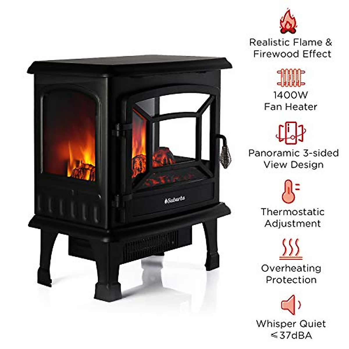 TURBRO Suburbs 20 Inches Infrared Electric Fireplace Stove, 1400W Freestanding Fireplace Heater with Overheating Safety Protection, Portable Indoor Space Heater, Black