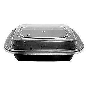 PACTOGO 12 oz. Rectangular Microwaveable Black Plastic Disposable Food Storage Containers with Lids - BPA Free (Pack of 10 Sets)