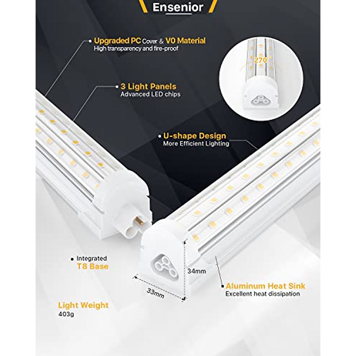 Ensenior 10 Pack 4 FT Led Shop Lights, 6000K Clear White, 5000LM Super Bright, 36W Equivalency 468W, Commercial Bay Lighting, U-Shaped Linkable Shop Lights Plug in for Garage, Workshop, FCC Certified