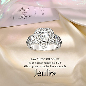 Jeulia Double Halo Heart Cut Ring 925 Sterling Silver CZ Solitaire Engagement Ring White Diamond Promise Rings with Side Stones Romantic Gift for Her (6.5)
