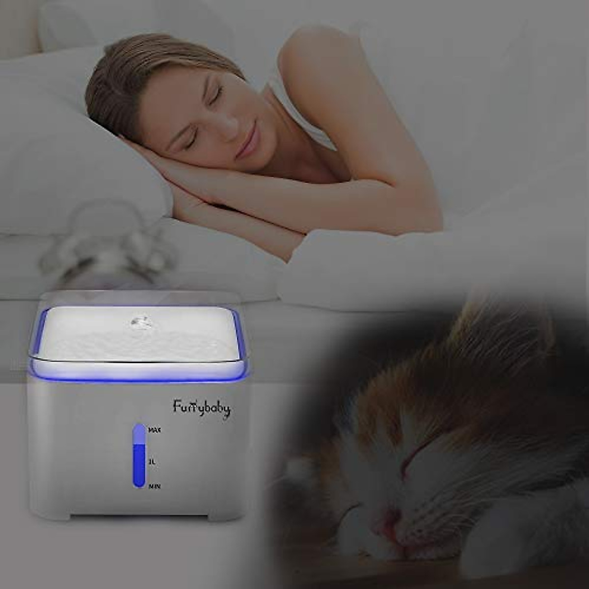 furrybaby Cat Drinking Water Fountain, LED Automatic Pet Water Dispenser with Water Level Window 2L Ultra Quiet Indoor Intelligent Pet Fountain for Cats, Dogs with 2 Filters, White (2L, Pure White)
