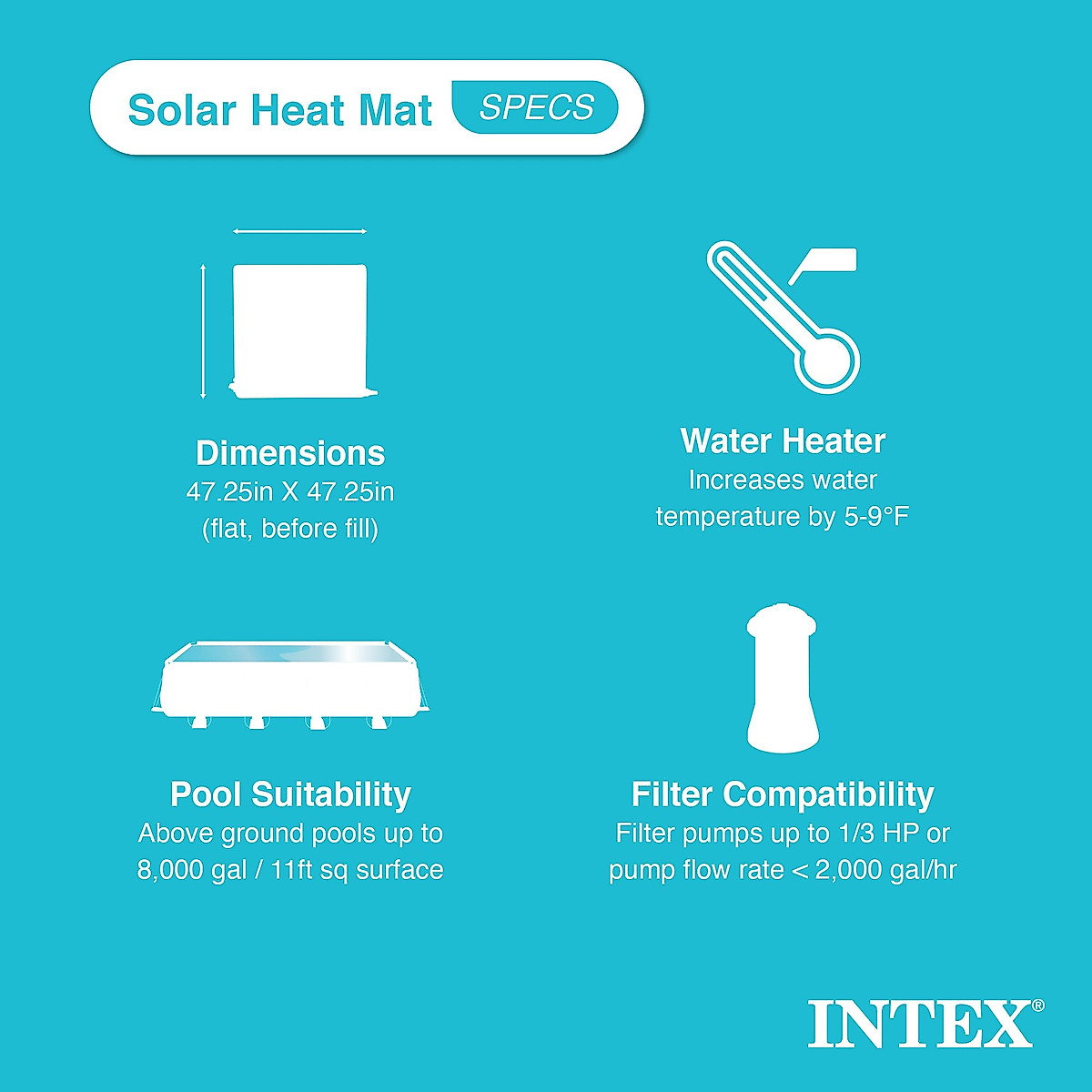 Intex 47'x47' Solar Pool Water Heater Mat for 8,000 Gallon Above Ground Swimming Pool with Hose Attachment 2 Adaptors and Bypass Valve, Black (3-Pack)