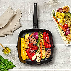 ZAVOR Noir 11" Square Grill Pan for Stove Tops - Quality Cast Aluminum, Titanium Infused Ceramic Nonstick Coating & Removable Handle - Lighter than Cast Iron - Induction Ready, Dishwasher & Oven Safe