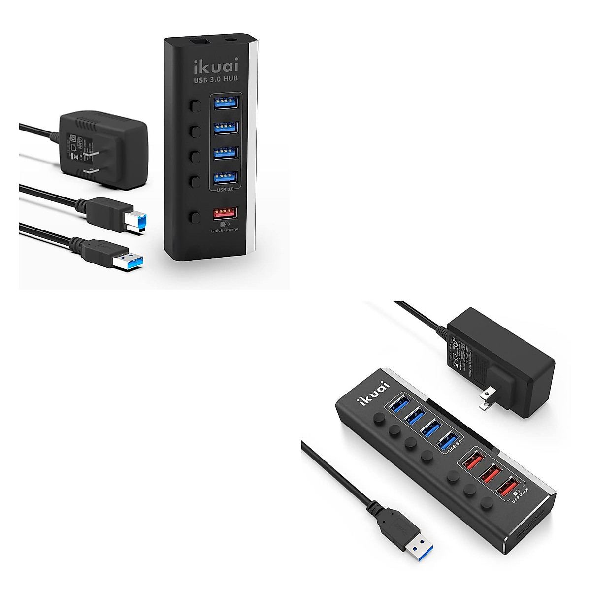 ikuai 5 Ports USB Hub with 4 USB Data Ports & 1 Fast Charging Port(12V/2A Power Adapter)+7 Ports USB Hub Aluminum with 4 USB Data Ports & 3 Fast Charging Port(12V/3A Power Adapter)