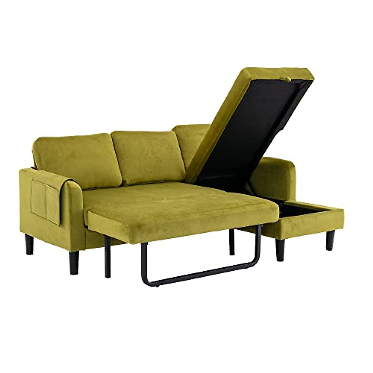 Verfur Convertible Sofa Sleeper Pull Out Bed, 3-Seater L-Shaped Couch with Storage Chaise and Side Pockets, Soft Upholstered Corner Sofa&Couches Sectional, Olive 72.44"