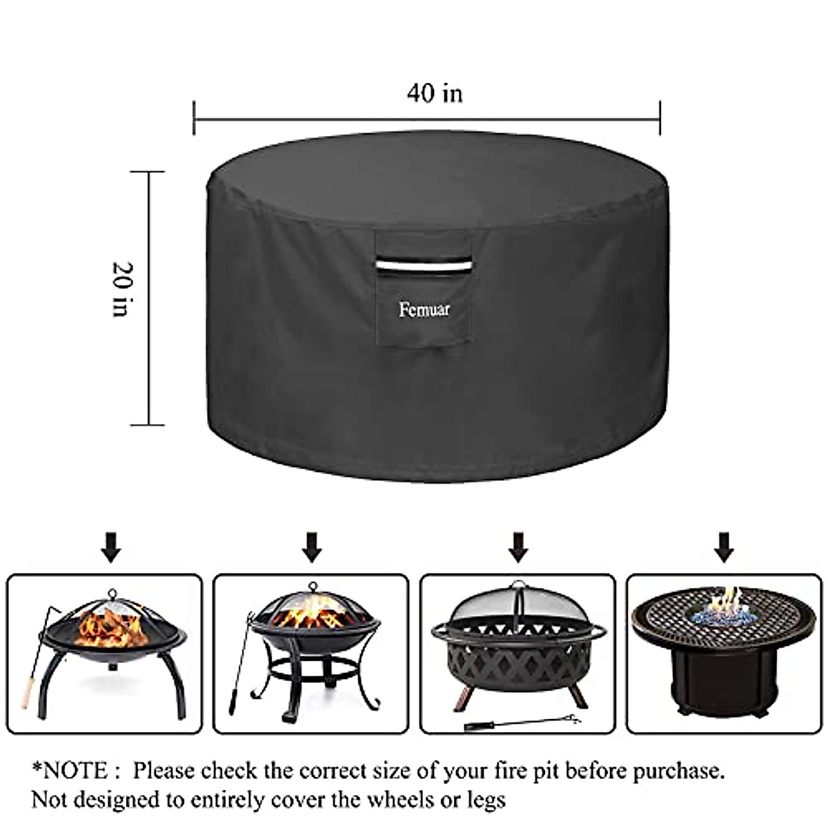 Fire Pit Cover Round, Waterproof Heavy Duty Patio Fire Pit Table Cover, Outdoor Garden Patio Protective Cover Fire Pit Furniture Covers 40in, Black