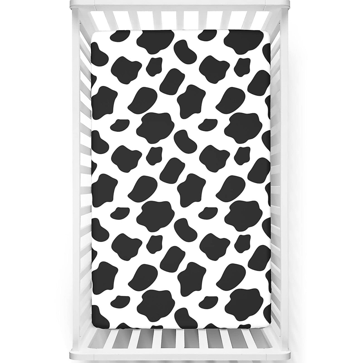Cow Print Themed Fitted Mini Crib Sheets,Portable Mini Crib Sheets Soft & Stretchy Polyester Fitted Crib Sheet -Crib Mattress Sheet or Toddler Bed Sheet,24“ x38“,White Black