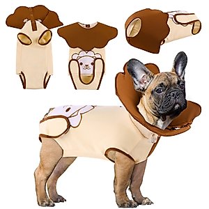 SAWMONG Dog Surgery Recovery Suit with Foldable Cone, Stretch & Cotton Dog Spay Surgical Suit for Female Dogs, After Surgery Dog Onesie with Adjustable Rear Flap, Medium