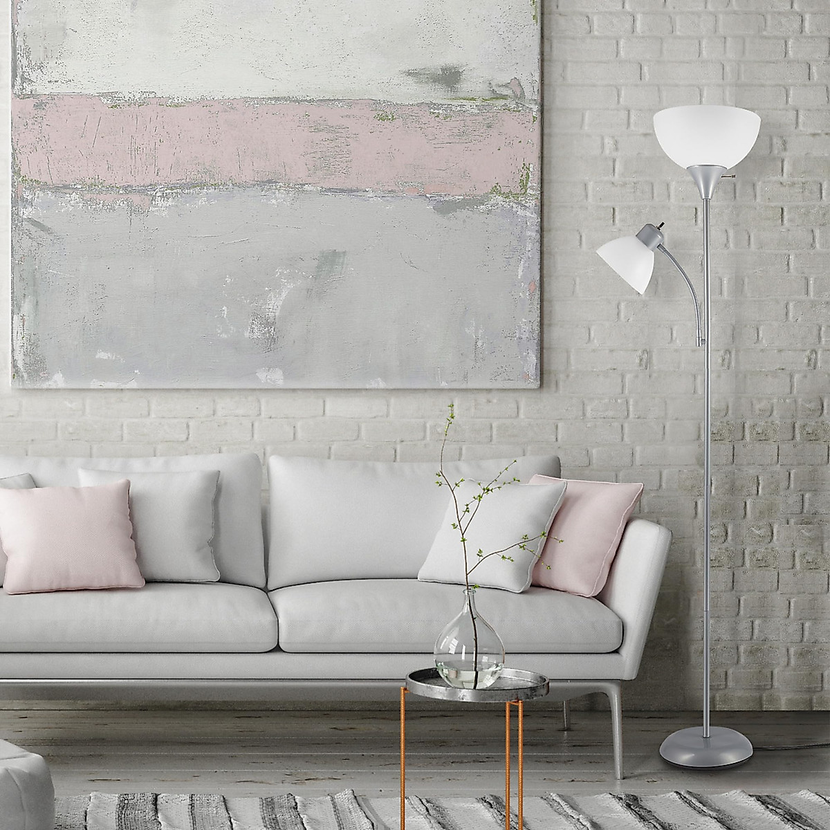 Globe Electric 67134 72" Torchiere Floor Lamp + Adjustable Reading Light, Silver, Frosted Plastic Shade, 3-Step Rotary Switch on Socket, Living Room Décor, Reading Light, Home Essentials, Bedroom