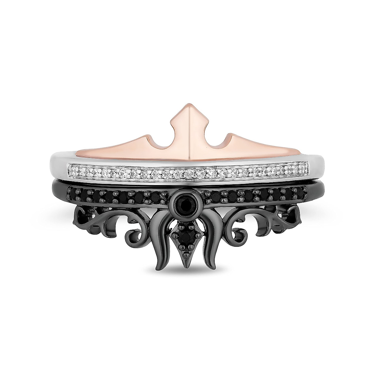 Jewelili Enchanted Disney Fine Jewelry Aurora and Maleficent Duo Stack Ring in Black Rhodium and Rose Gold Over Sterling Silver 1/5 CTTW with Treated Black and Natural White Round Diamonds, Size 8