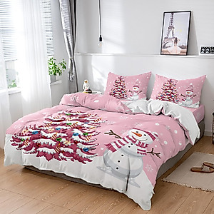 Christmas Winter Snowman Snow Duvet Cover Sets 4 Piece Twin Ultra Soft Bed Quilt Cover Set for Kids/Teens/Women/Men,Xmas Tree Snowflakes on Pink Bedding Collection All Season Use