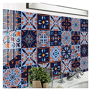 Tile Stickers Pattern Orange Blue Stick on Tiles Bathroom PVC Self Adhesive Wall Tiles Kitchen Stick on Wall Tiles Waterproof Peel and Stick Floor Tiles Self Adhesive Tiles for Walls