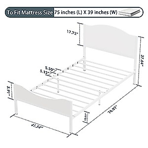 Timy Kids Twin Bed Frame with Wooden Headboard and Footboard, Metal Platform Bed Frame for Boys Girls Teens Adults, Modern Kids Bed Furniture, No Box Spring Needed, White