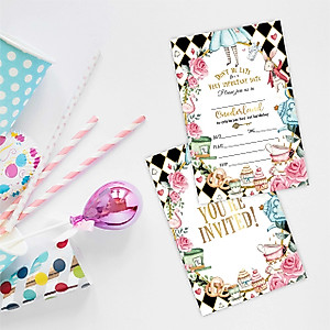 Tea Party Birthday Party Invitation, Checkerboard Invite Cards（20 Count) With Envelopes, Black & White Grid Fill In Style Invite Cards For Boys, Girls, Kids, Birthday Party Supplies-A21