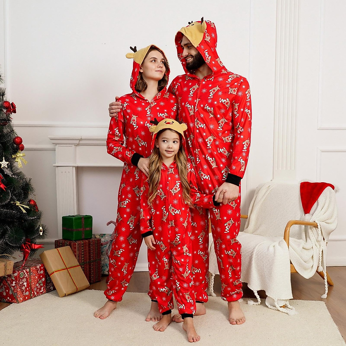 Adisputent Christmas Pajamas for Family Matching Cute Long Sleeve Couples Soft Holiday Sleepwear Funny Christmas Pjs sets One Piece Red Reindeer Women L