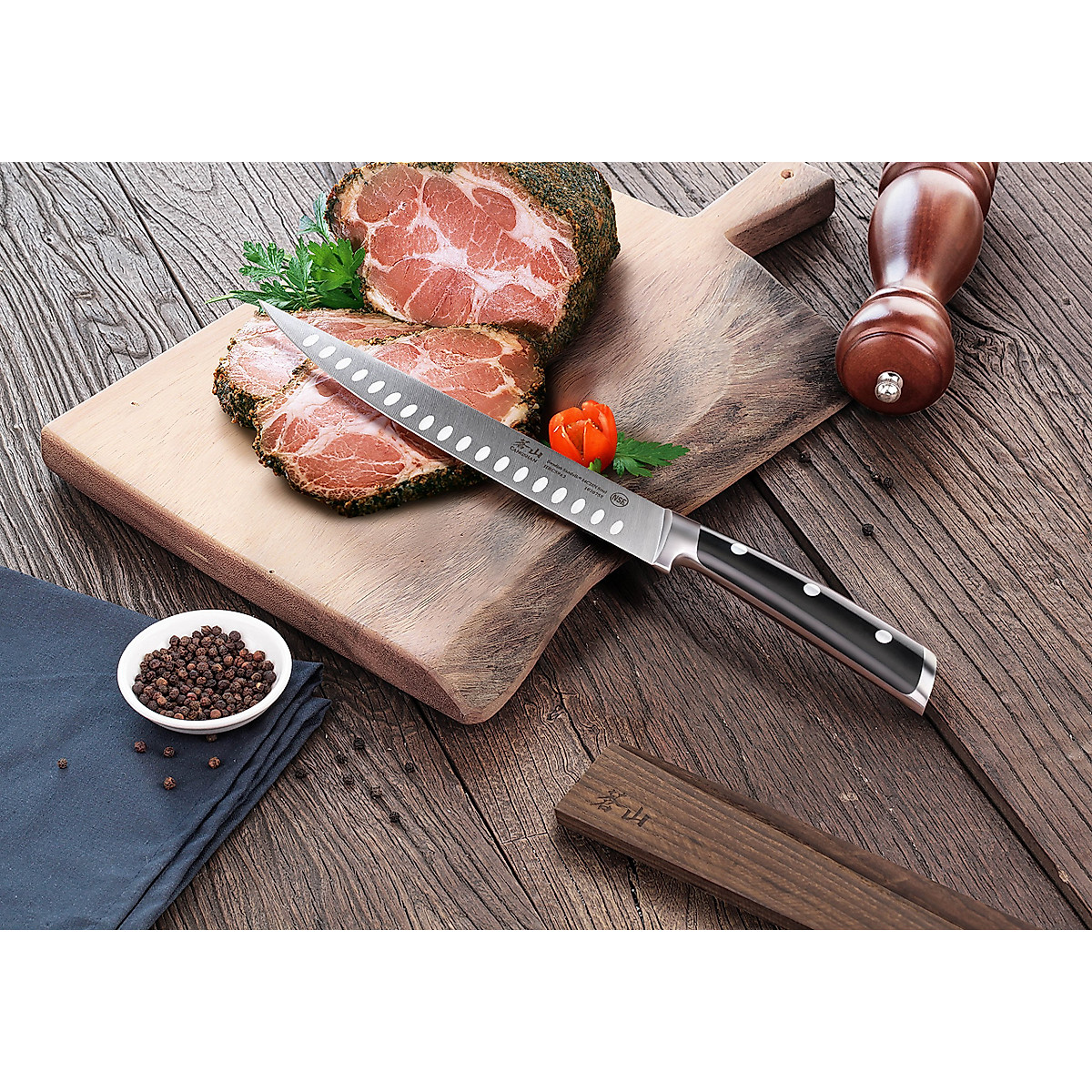 Cangshan TS Series 1020762 Swedish 14C28N Steel Forged 9-Inch Carving Knife and Wood Sheath Set