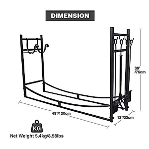 REDCAMP 4ft Firewood Rack with Kindling Holder and Tool Set, Heavy Duty Steel, Black