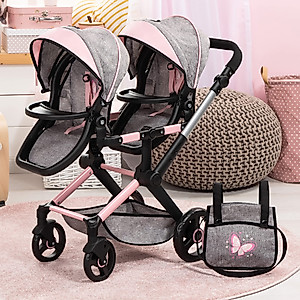 Bayer Design Dolls: Xeo Twin Pram - Butterfly Grey & Pink - Matching Handbag, Adjustable Handle, for Dolls Up to 20"